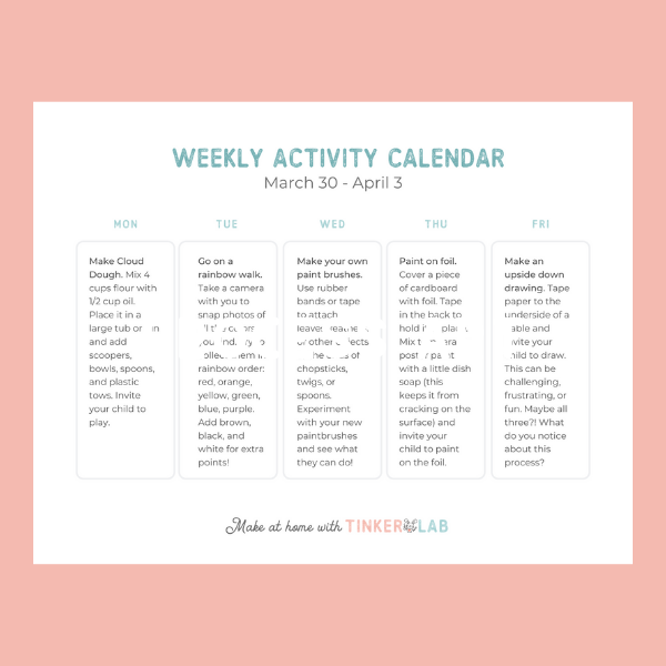 Weekly Activity Calendar Download TinkerLab